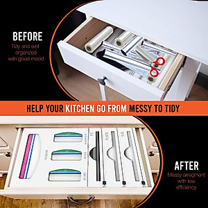 White Ziplock Bag Storage Organizer for kitchen Drawer | Plastic Wrap Organizer Dispenser with Cutter| Bamboo Ziploc Baggie Holder | Compatible with Ziploc Baggie Organizer | Bamboo Plastic Bag Dispenser for Gallon, Quart, Snack Sandwich bags & Plastic Fo