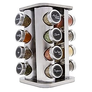 Orii 16 Jar Spice Rack with Spices Included - Rotating Countertop Tower Organizer for Kitchen Spices and Seasonings, Free Spice Refills for 5 Years (Stainless Steel)