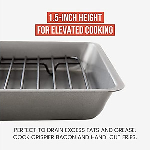 Chef Pomodoro Nonstick Carbon Steel Small Roasting Pan Roaster with Flat Rack, Grey, Bakeware Toaster Oven Countertop Oven Baking, Single Serving (Mini)