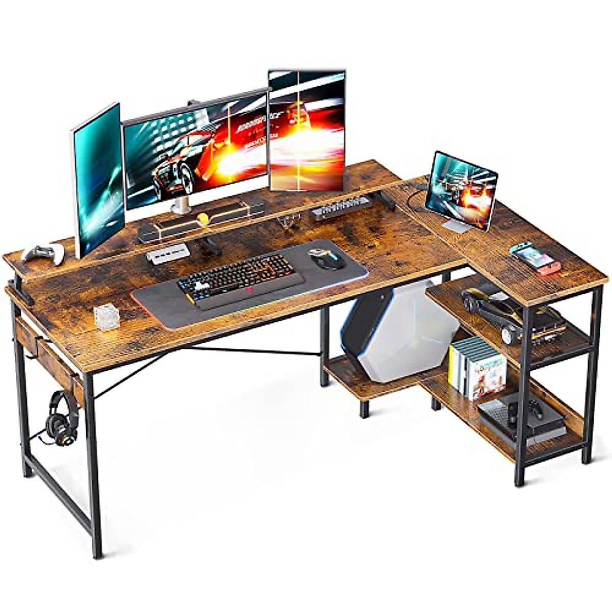 ODK Small L Shaped Desk, 66 inch Corner Desk with Reversible Storage Shelves, Computer Desk with Monitor Shelf and PC Stand for Home Office, Gaming Desk with Headphone Hooks, Rustic Brown