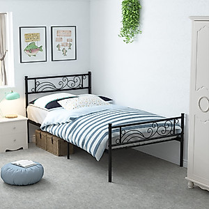 Weehom Metal Twin Bed Platform Frame Heavy Duty Steel Slat Under Bed Storage Bed Frame with Headboard, Black