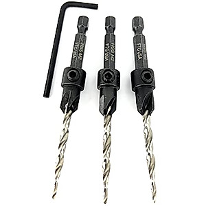FTG USA Countersink Drill Bit Set 3 Pc #8 (11/64") Countersink Drill Bit with Tapered Drill Bits, Quick Change Hex Shank Countersink Bit, 1 Hex Wrench, Counter Sinker Drill Bit Set for Woodworking
