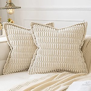MIULEE Cream White Corduroy Decorative Throw Pillow Covers Pack of 2 Soft Striped Pillows Pillowcases with Broad Edge Modern Christmas Boho Home Decor for Couch Sofa Bed 18x18 Inch