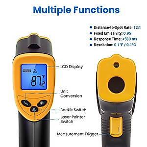 Etekcity Infrared Thermometer 774, Digital Temperature Gun for Cooking, Non Contact Electric Laser IR Temp Gauge, Home Repairs, Handmaking, Surface Measuring, -58 to 716 ℉, - 50 to 380 ℃, Yellow