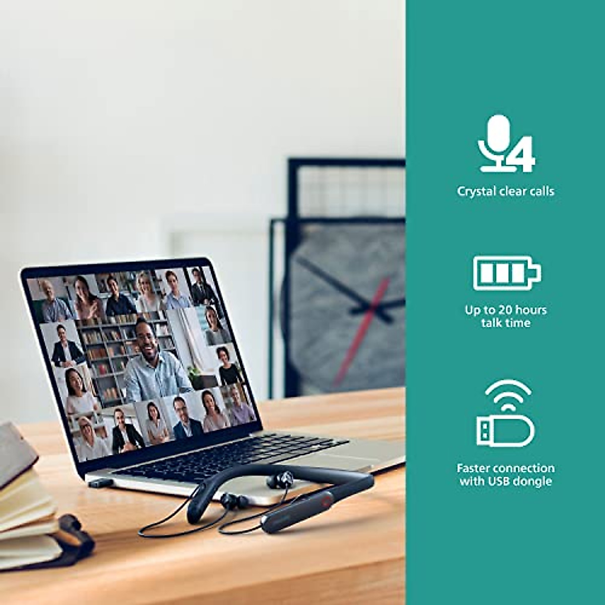 Philips N7506 Neckband PC Headphones with Noise Canceling Mics for Clear Conference Calls, Bluetooth Multipoint, Black (TAN7506BK/00)