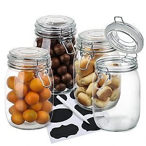 OAMCEG 4 Pack Wide Mouth Mason Jars - 34 OZ Airtight Glass Canning Jars with Leak Proof Rubber Gasket and Clip Top Lids, Perfect for Storing Coffee, Sugar, Flour or Sweets