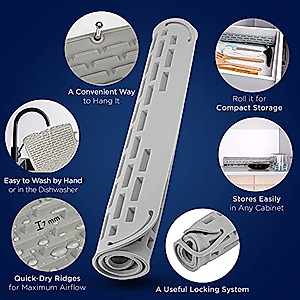 ONIOLY Silicone Dish Drying Mat for Kitchen Counter - 17.8" x 15.8" Quick Drying Mat - 12” Sink Sponge Holder - 5.4" Utensil Organizer (Gray)