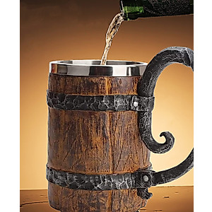 Wooden Beer Mug Beer Barrel, Large Viking Cup Wood Style Beer Mug Tankard with Handle, Antique gifts for Men Bar Restaurant Vintage Bar Accessories(18.60oz/550ml)