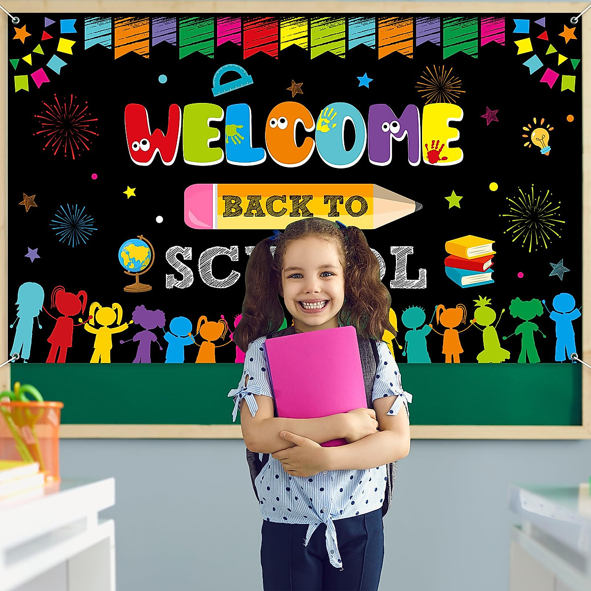 Welcome Back to School Backdrop Banner Decorations, Large Fabric Welcome Back to School Bulletin Board Decorations, Welcome Back to School Photo Booth Background Wall Decorations, 72.8 x 43.3 Inch