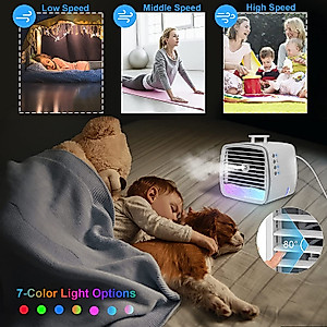 Portable Air Conditioner, Personal Mini Air Cooler Fan, Personal Portable AC Air Conditioner for Office Desk Camping Bedroom Room, Small Air Conditioner with 7 LED Lights, 3 Speeds, 80°Adjustment