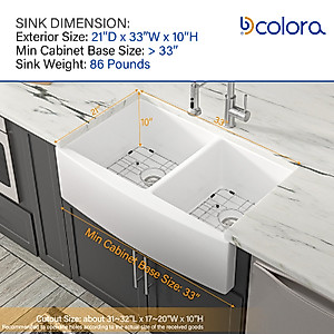 33 Farmhouse Sink Double Bowl, Dcolora 33 Inch Farm Kitchen Sink Apron Front Double Bowl 60/40 White Fireclay Ceramic Farm Kitchen Sink Basin (33"x21"x10")