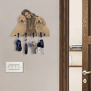 Ozinna Personalized Key Holder with Photo Frame for Wall Decorative Custom Picture Wooden Key Hangers for Rustic Home Decor, Key Organizer Mount with 4 Hooks Decorative Family Sign (Wooden Key Hooks)