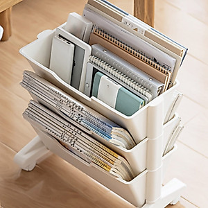 White 3-Tier Rolling File Cart, Utility Cart with Spinner Wheels Classroom Desk Side Bookshelf for Students, Teachers, File Organizer and Classroom, Library Storage Bookshelves