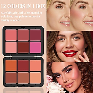 LSxia 12 Colors Cream [Blush] Makeup Palette for Cheeks - Multi-functional Blush Makeup Palette with Brush, Natural Matte Long Wearing, Waterproof Blendable Face Makeup Palette (#01)