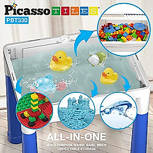 PicassoTiles Kids Activity Center Play Table & Study Desk Set Sandbox Water Tight Container Storage All-in-1 STEM Toy Kit Playset with 331pc Dual Size Building Bricks Construction Blocks Marble Run