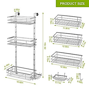 Fogein Over the Door Shower Caddy, Adjustable Hanging Organizer Shelf Rustproof, Shower Basket with Suction Cup, Bathroom Shower Caddy Over The Door with Hook & Soap Box, No Drilling(3 Tier, Silver)