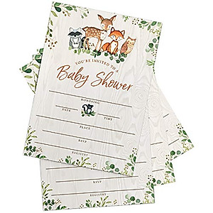 Printed Party Baby Shower Invitations and Envelopes, Woodland Animals, Set of 25