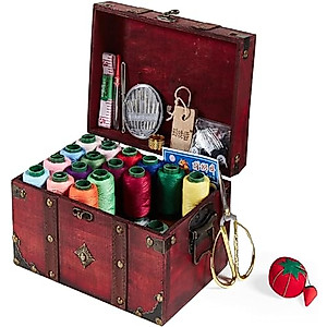 Sewing Kit,Sewing Box,Household Old-Fashioned Wooden Sewing Box Set, with Thread/Needle/Scissors and Other Accessories, Suitable for Mothers, Grandma, Brown