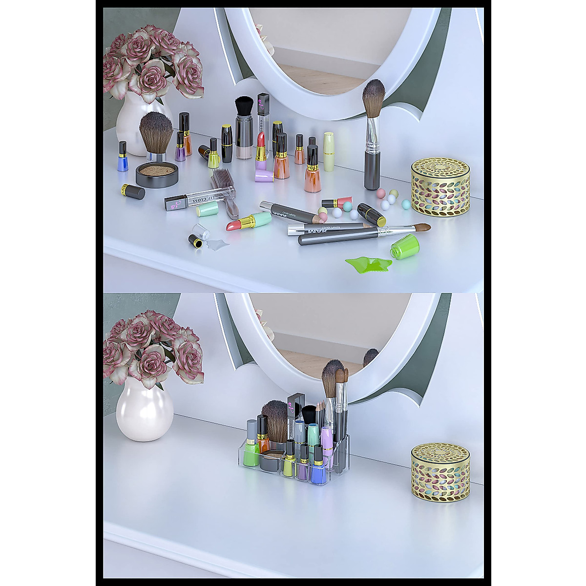 ums Makeup & Jewelry Organizer - Clear Makeup Organizer and Storage for Vanity, Acrylic Makeup Holder for Countertop with 9-Compartment, Small Cosmetic Tray for Brush and Lipstick