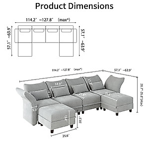 LLappuil Chenille U Shaped 6 Piece Sectional Sofa for Living Room Modular Sofa Sectional Couch with Reversible Chaise and Storage Ottoman, Grey