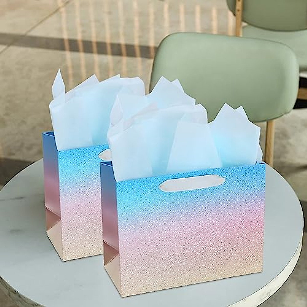 PAPER FAIR 12Pcs Ombre Blue Cream Gift Bags Bulk w/ 24 Tissue Paper, 9 x 7 In, Gradient Pastel Glitter Paper Gift Wrap Bag, Recyclable Gift Packaging for Christmas Birthday Father's Day Baby Shower Party Favor Décor
