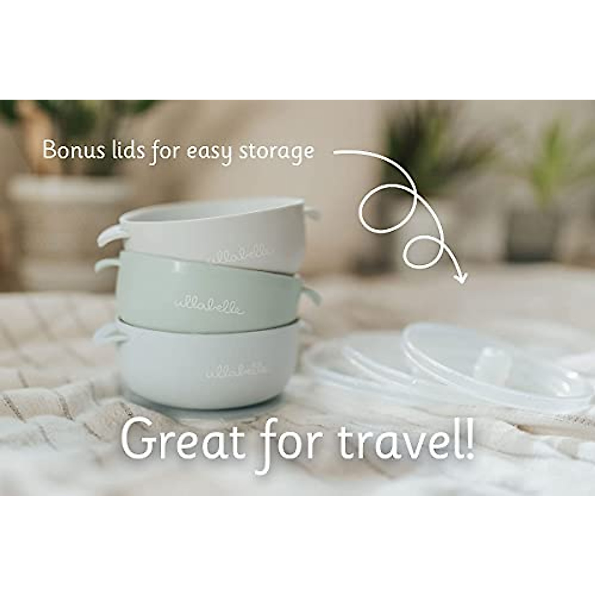 Ullabelle Suction 7 Pc Baby Feeding Set -BPA Free, 100% Food Grade Silicone- Microwave & Dishwasher Safe- 2 Silicone Bibs, 1 Suction Divided Toddler Plate, 1 Suction Bowl w/ Lid & 2 Spoons (Grey)