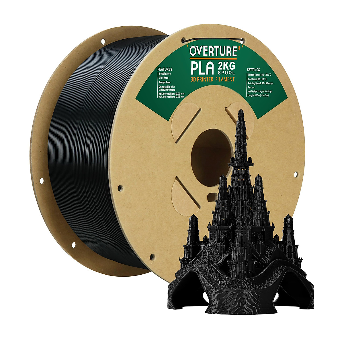 OVERTURE PLA Filament 1.75mm PLA 3D Printer Filament, 2kg Cardboard Spool (4.4lbs), Dimensional Accuracy +/- 0.02mm, Fit Most FDM Printer(Black 2KG-1 Pack)