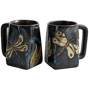 Set Of Two (2) MARA STONEWARE COLLECTION - 12 Oz Coffee or Tea Cup Collectible Square Bottom Mugs - Dragonfly/Insect Design