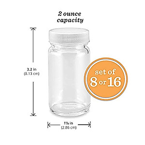 Juice Shot Bottles Set - Wide Mouth for Juicing, Beverage Storage, Liquids, 2 oz, Clear Glass with White Caps, Reusable, Leak Proof, Jars (8 pack)