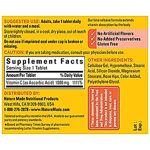 Nature Made Vitamin C 1000 mg Time Release Tablets with Rose Hips, 60 Count to Help Support the Immune System
