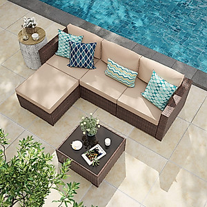 Super Patio Outdoor Patio Furniture Set, 5pc PE Wicker Rattan Sectional Furniture Set with Cushions and Coffee Table, Brown