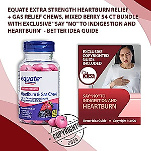 Equate Extra Strength Heartburn Relief + Gas Relief Chews, Mixed Berry, 54 Ct Bundle with Exclusive "Say "No" to Indigestion and Heartburn" - Better Idea Guide (2 Items)