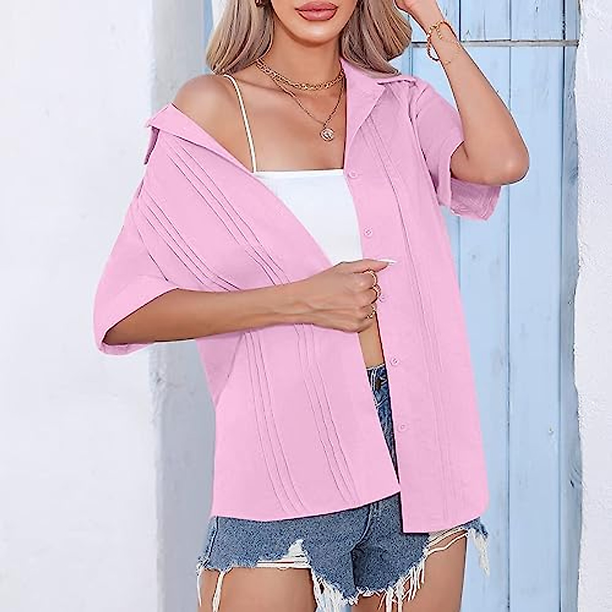 Cotton Blouse for Women 2023 Casual Women's Business Casual Clothing Loose Comfy Button Down Short Sleeve Summer Top Casual V Neck Work Collared Shirts Pink XL
