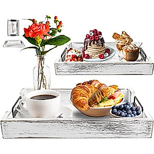 Rustic Wooden Serving Trays with Handle - Set of 2 - Large and Small Nesting Multipurpose Trays - for Breakfast, Coffee Table/Butler & More - Rustic White