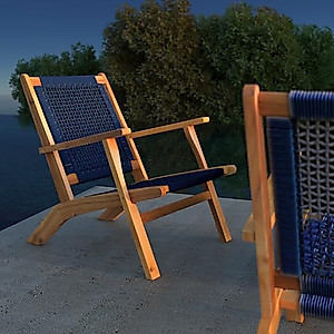 Patio Sense 63634 Vega Natural Stain Outdoor Chair Acacia Wood Construction Woven Web Seat Mid Century Design Comfortable Reclining Armchair Patio Lawn Garden Backyard Deck - Navy Blue Cording