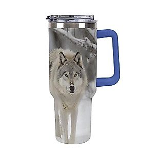 40 Oz Vacuum Tumbler with Deep Blue Handle Leakproof Insulated Tumbler Two Wolves Walking in The Snow Stainless Steel Travel Mug with Lid And Straw Coffee Cup Cute Water Bottles Cup Holder Friendly