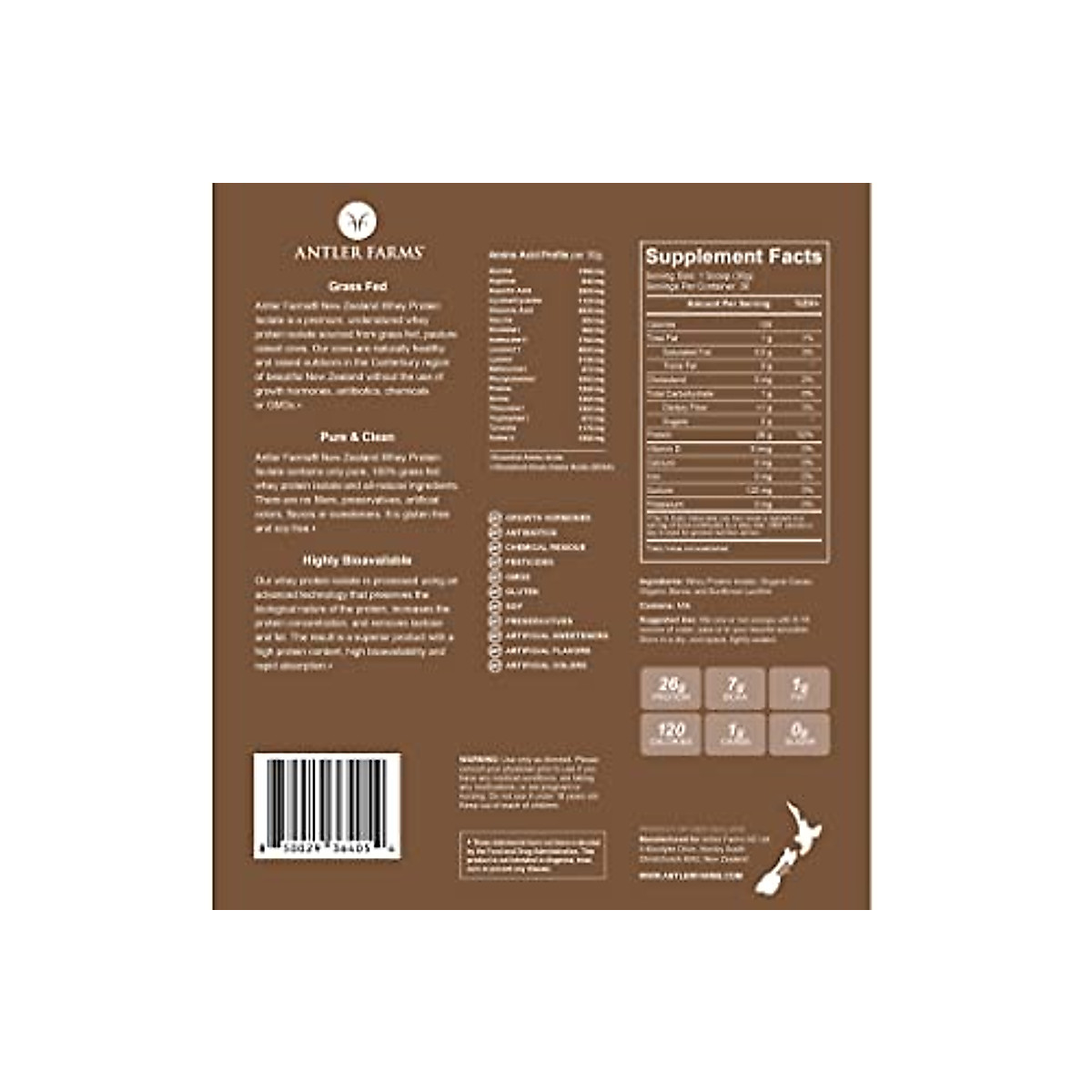 Antler Farms - 100% Grass Fed New Zealand Whey Protein Isolate, Chocolate Flavor, 2 lbs - Pure and Clean, 4 Ingredients, Delicious, Cold Processed