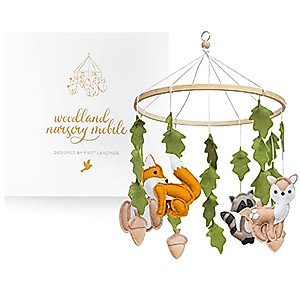First Landings Woodland Baby Mobile for Crib - Baby Nursery Mobiles - Woodland Nursery Decor Theme - Gender Neutral Baby Stuff - Animals Forest Nursery Decor Baby Mobile - Woodland Baby Stuff