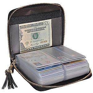 Easyoulife Womens Credit Card Holder Wallet Zip Leather Card Case RFID Blocking (Black)