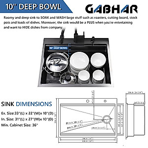 33x22 Inches Black Drop In Workstation Kitchen Sink, Gabhar 33" 16Gauge Black Stainless Steel Drop In Workstation Kitchen Sinks With Offset Drain