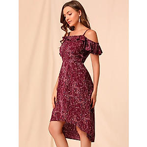Allegra K Women's Spaghetti Strap Ruffled Sleeves Asymmetrical High Low Floral A-Line Midi Dress Large Wine Red
