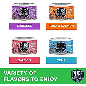 Pure Cravings Wet Cat Food Variety Pack Tuna, Salmon, Sardines, Tuna/Salmon in Gravy, 100% Mercury-Tested, Moist Can Fish for Cats, Grain-Free, Protein, Non-GMO, Pack of 12