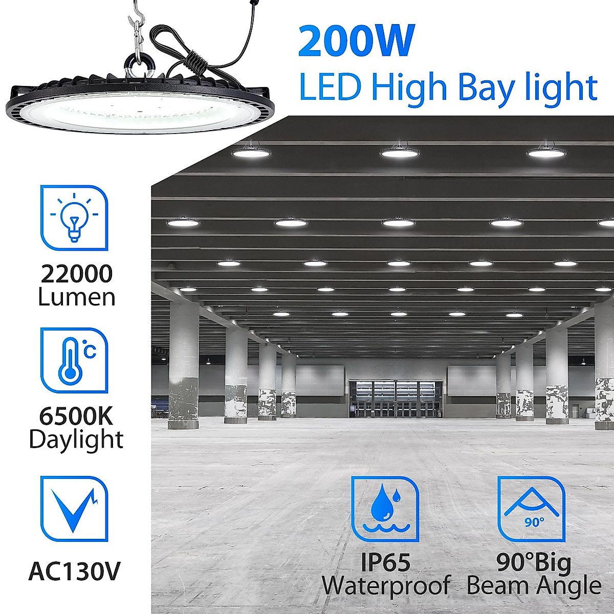 4 Pack Led High Bay Light 200W, 6500K UFO High Bay Led Shop Lights with 22000 lm, Durable High Bay Lighting with US Plug & Brackets, IP65 Commercial Light Fixture for Workshop, Warehouse