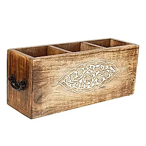 Mother's Day Gifts Hand Carved Wooden Kitchen Utensil Holder With 3 Compartments Wood Utensil Organizer for Cutlery, Napkins, Cups Caddy Organizer | 12 X 4 X 5 Inch