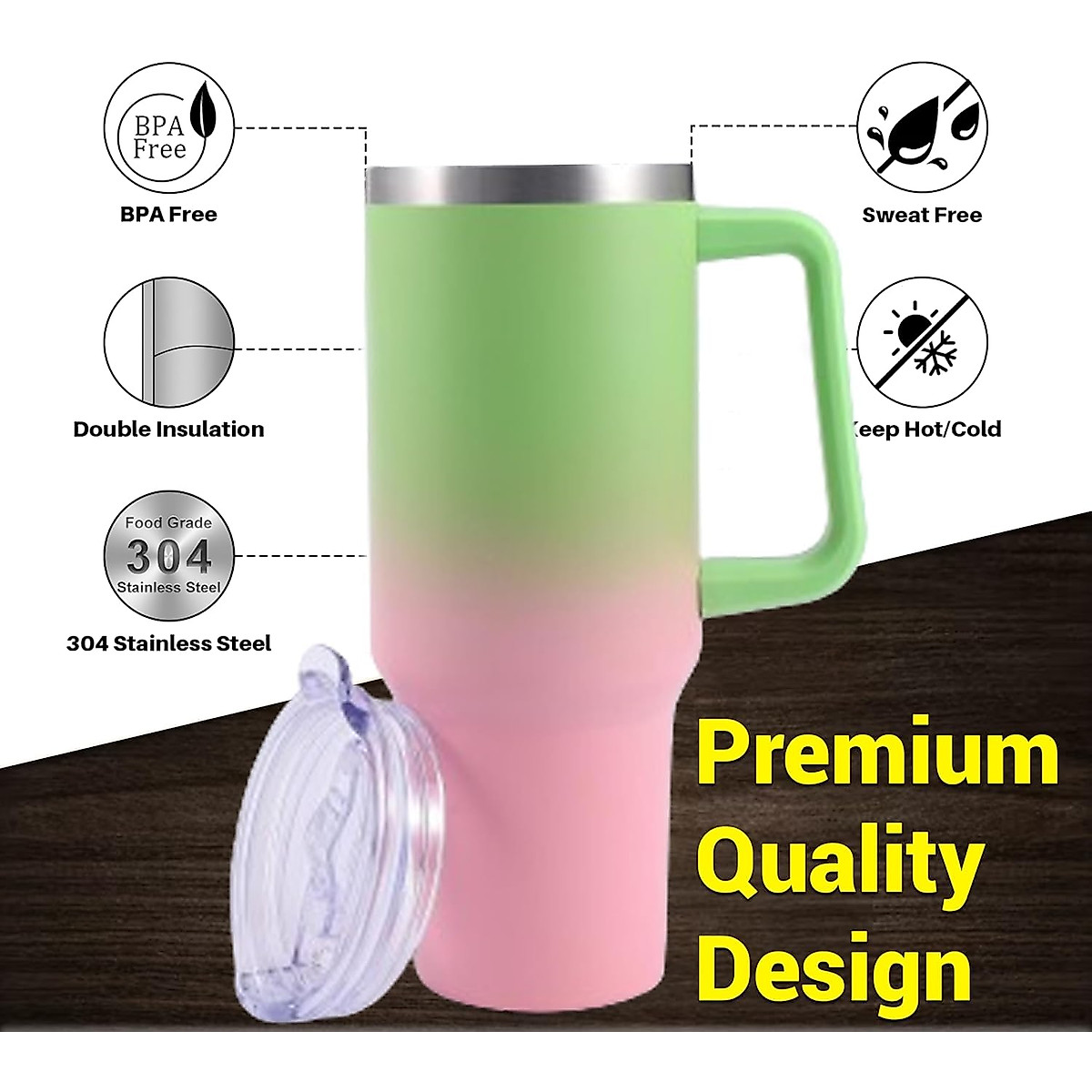 RAHATBEE 40 oz Tumbler with Handle and Straw Lid, 100% Leak-Proof Travel Coffee Mug, Reusable Stainless Steel Insulated Cup for Beverages, Keeps Cold for 34Hrs or Hot for 12Hrs (LG-Pink)