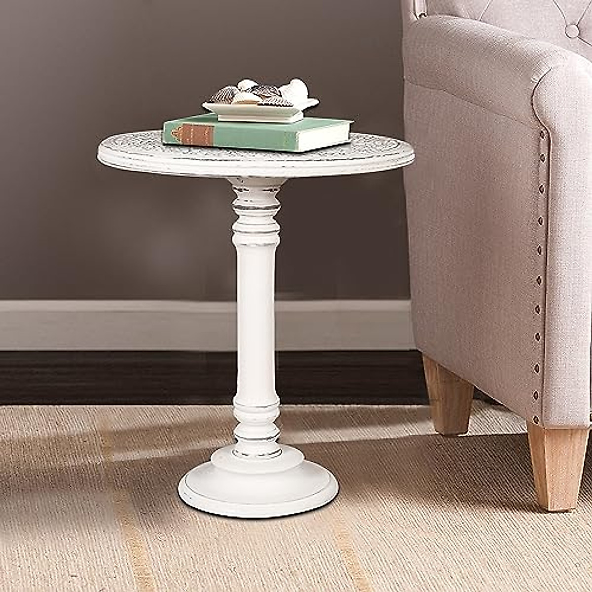 Side Table,Round End Table,Small Table,Side Tables Living Room,End Table,Round Side Table,Altar Table, Carved Side Table,Wood Accent Table,Carved Wood Table Single Pillar 18x22 inch White Antique