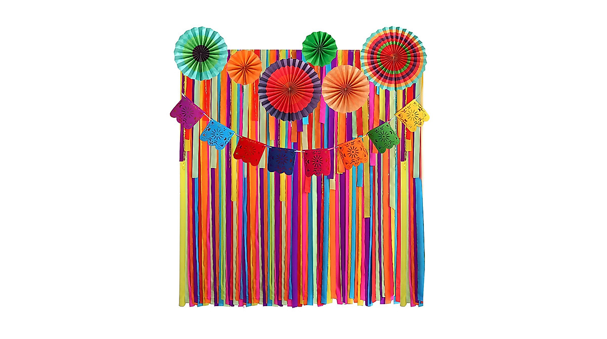Fiesta Party Decorations with Paper Fans and Banner | Mexican Fiesta Decor