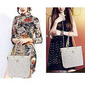 RainboSee Women 6 Pcs Handbag Tote Stitching Shoulder Bag PU Top Handle Hobo Satchel Purse Clutch Beige