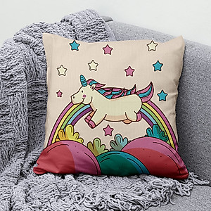 Yeele Rainbow Unicorn Pillow Covers, Set of 4 Cartoon Pink Rainbow Fairy Tale Stars Magic Unicorn Pattern Cushion Case with Invisible Zipper 18x18inch for Kids Boys Girls Room Sofa Decor