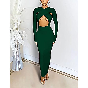 Women's Sexy Long Sleeve Cross Wrap Cut Out Bodycon Mixi Party Club Dress Dark Green